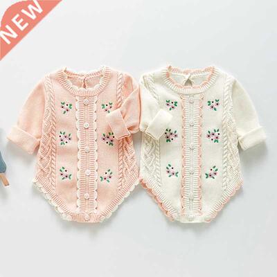 Spring Baby Girl Long Sleeve Embroider Knit Rompers Children