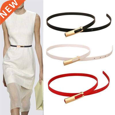 Women PU Leather Belt Solid Color Thin Skinny Waiband Meta