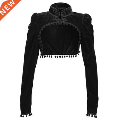 Black Velvet Short Steampunk Crop Jacket Stand Long Sleeve A