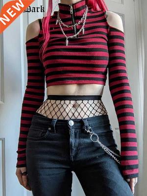 Goth Dark Grunge Striped Mall Gothic Basic T-shirts Punk E-g