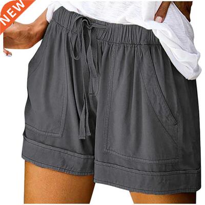 Women Shorts Comfy Drawstring Splice Casual Elastic Waist Po