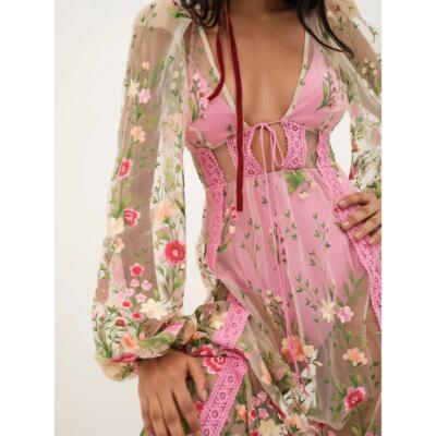 Women Summer Long Beach Dress Long Sleeve V Neck Backless Se
