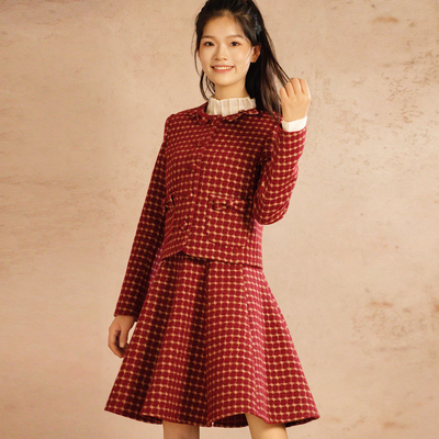 俏皮复古格子裁剪修身大裙摆