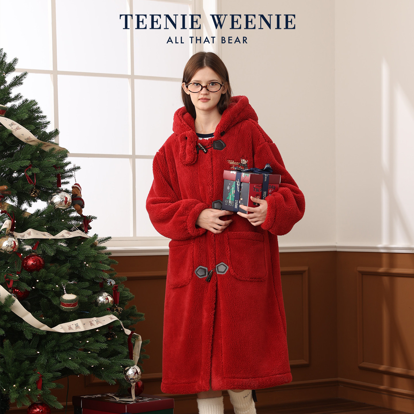 TeenieWeenie小熊女士北美绒睡袍女圣诞红色冬季加厚保暖新年浴袍
