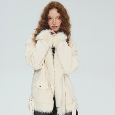 SUREENOUGU设计感早春复古皮毛一体宽松毛毛机车夹克短外套女