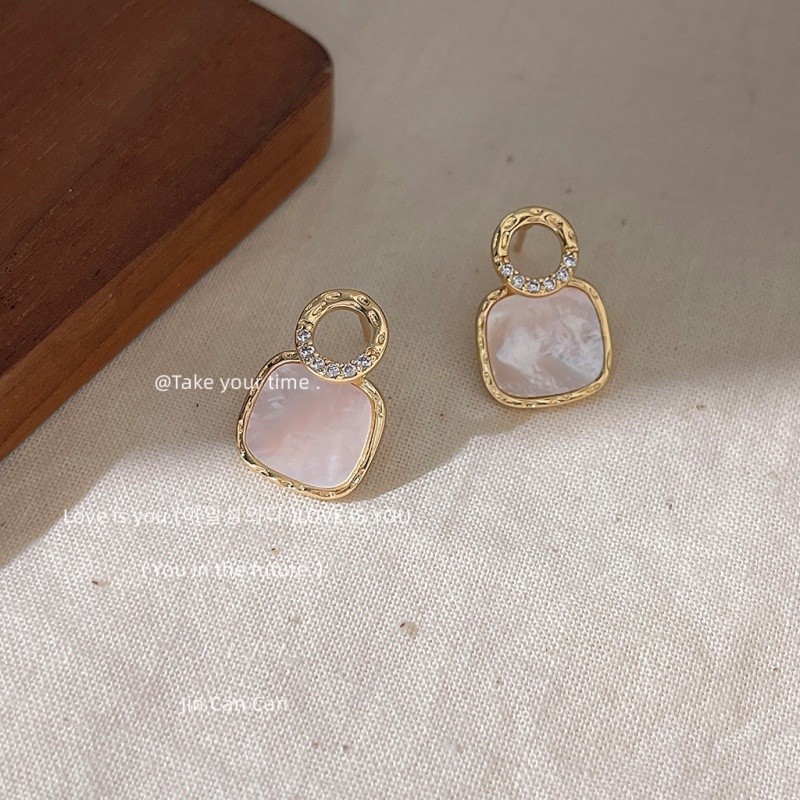 微镶锆石925银针镀14K方形几何镂空贝壳耳钉高级感ins耳饰耳环_虎窝淘