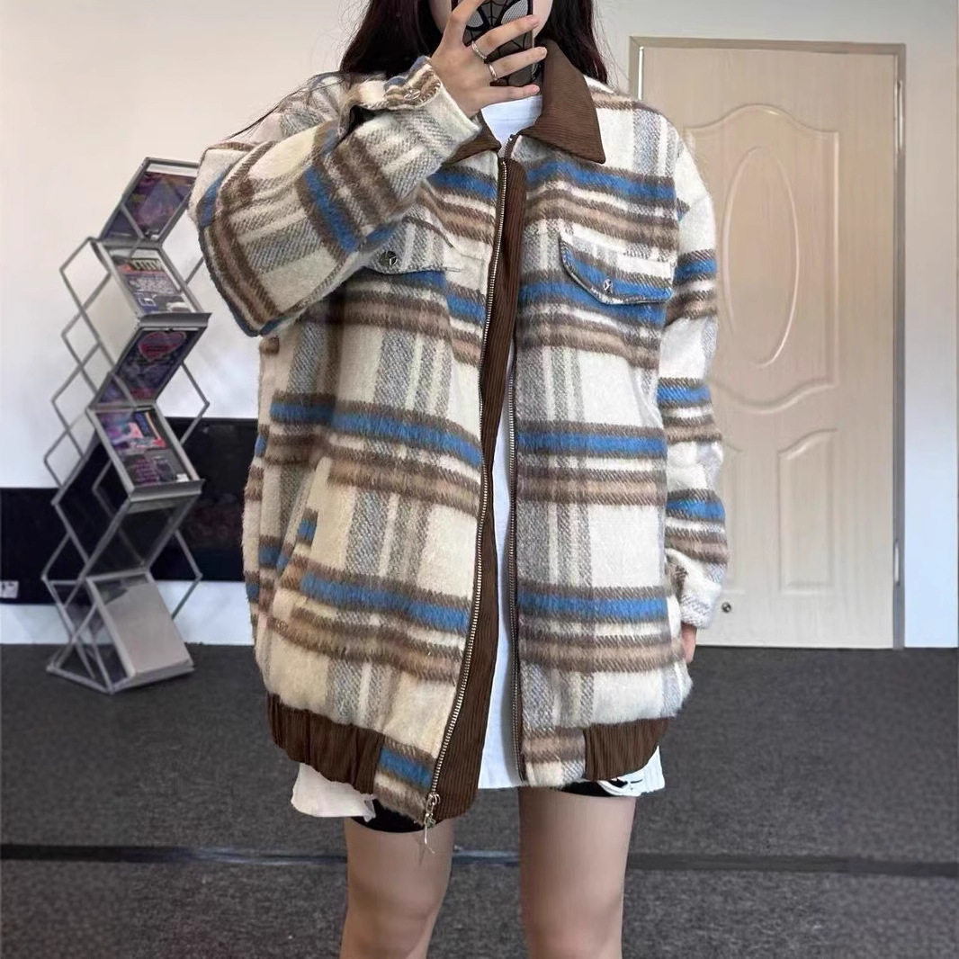 美式毛呢格子外套女2025秋冬新款宽松情侣休闲百搭夹克感上衣