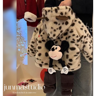 littleone童装女童儿童宝宝冬装加绒加厚豹纹熊耳朵连帽毛毛外套