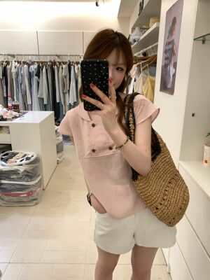 Eter 夏新韩系甜美双排扣娃娃领系带飞袖短袖衬衫女显瘦百搭上衣