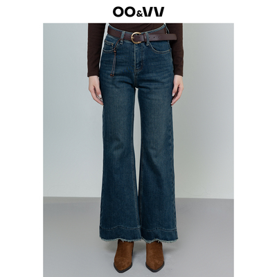 oo&vv复古蓝高腰显瘦微喇牛仔裤女2025褶皱加厚修身百搭毛边长裤