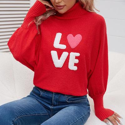 Valentines Day Red Turtleneck Sweater Bat Sleeve Loose