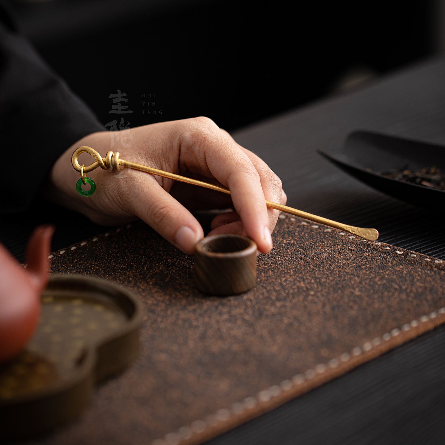圭隐堂手工锤纹紫铜茶拔茶扒中式家用复古黄铜茶匙点茶勺茶道零配
