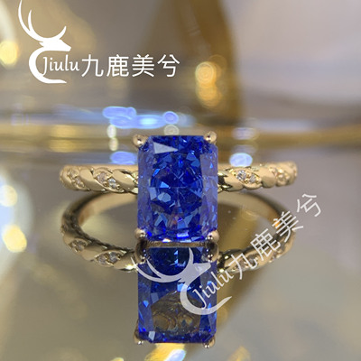 培育冰花切2克拉雷迪恩皇家蓝戒指厚镀18K金镶嵌6*8长方钻戒彩宝
