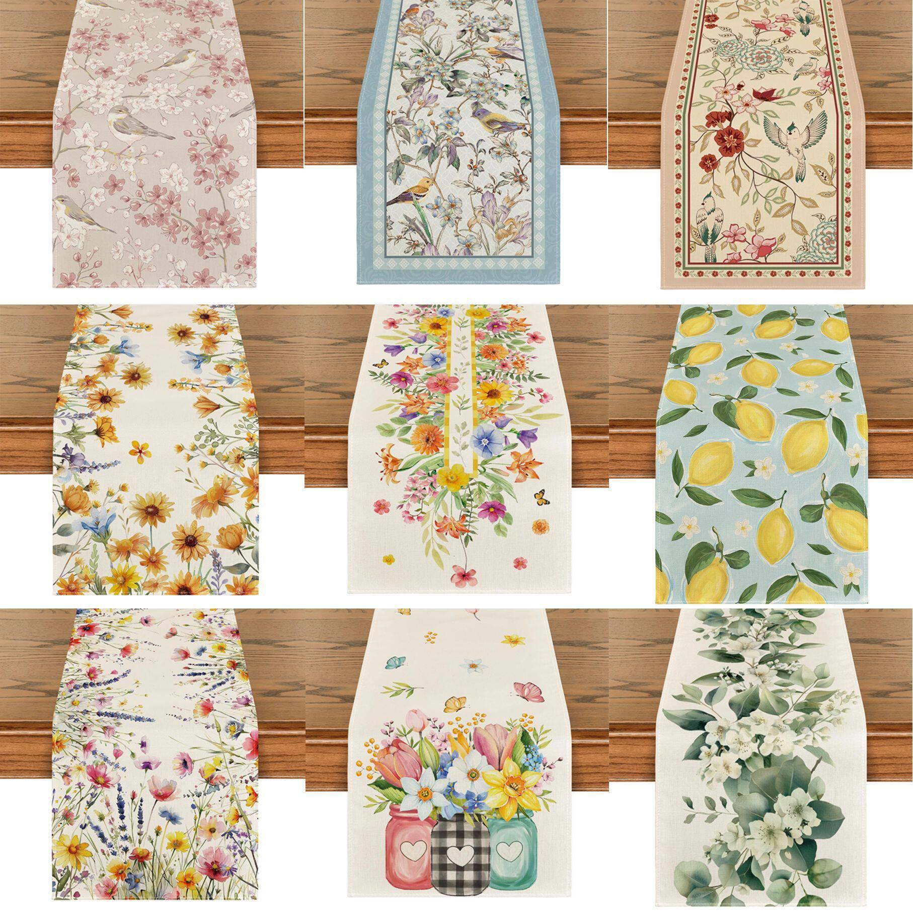 Spring Lemons Flowers Linen Table Runner Holiday Party Decor