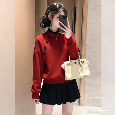 蕾丝花边领红色无帽加绒卫衣女冬