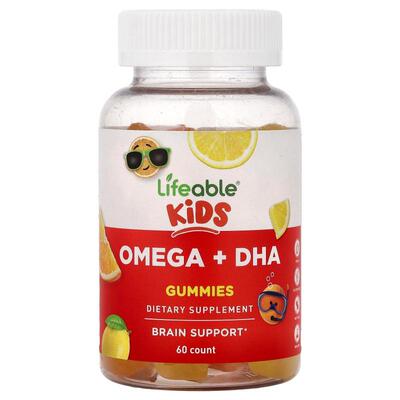 Lifeable,Kids, Omega + DHA Gummies, Orange & Lemon, 60 Gummi