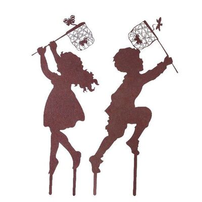 Boy And Girl Metal Silhouette 2Pcs Chasing Butterfly Yard
