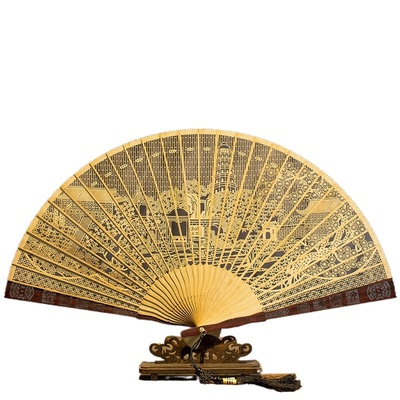 Suzhou Sandalwood Fan Hollow Wooden Ebony Chinese Style Fan