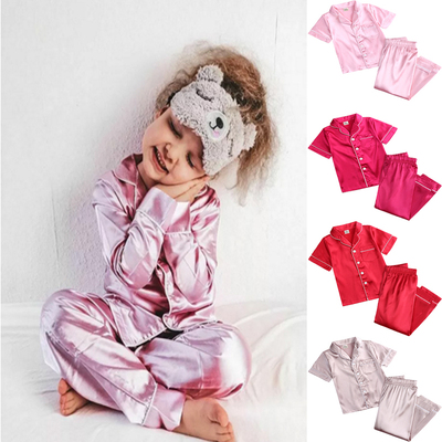Summer Pajama Sets for Girls Silk Satin Top+Pant Long sleeve