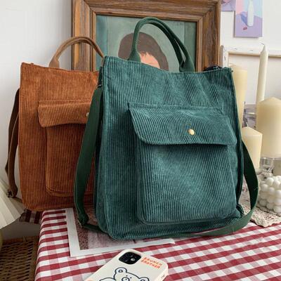 Corduroy Shoulder Bag Women Vintage Shopping Bags Zipper Gir