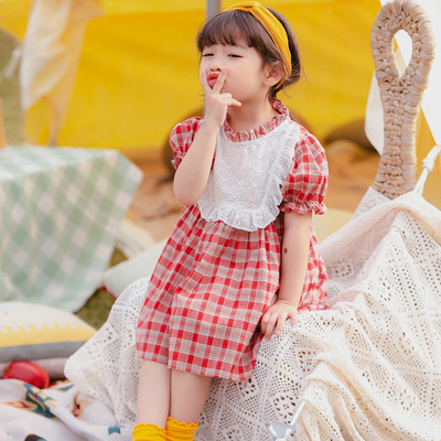 Vestido de princesa a cuadros para ni?as, manga abombada, ve