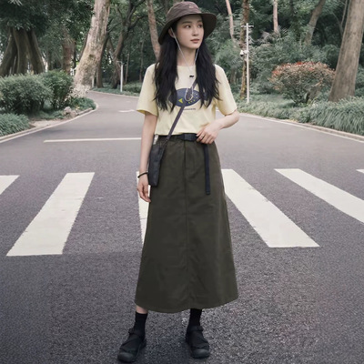 卡其色开叉半身裙女高腰A字显瘦中长裙A字裙有腰带的工装半身裙