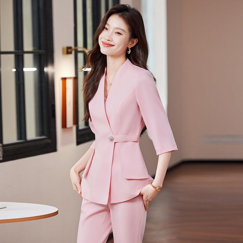 粉色中袖西装外套女设计感小众夏薄款工作服职业收腰正装西服套装