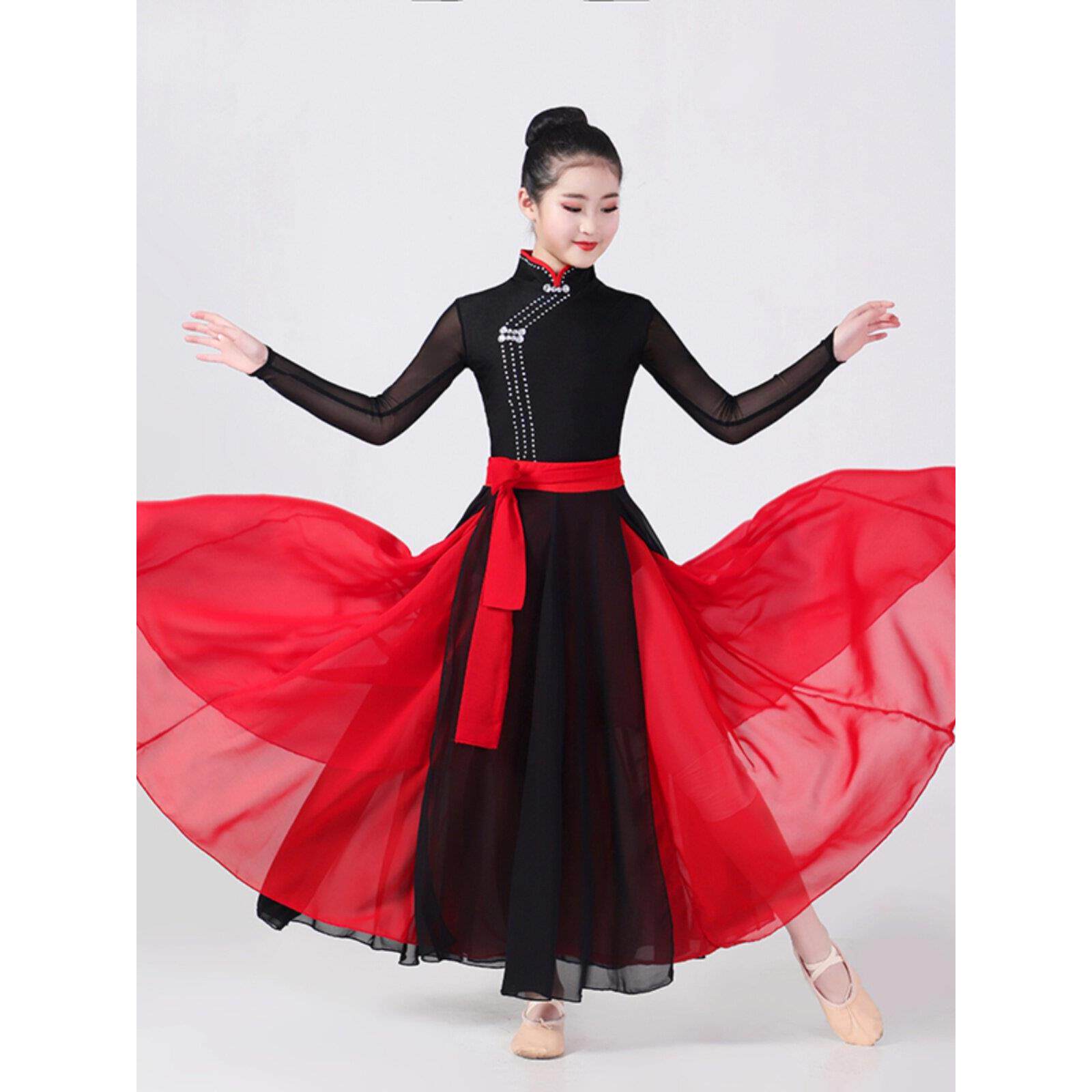 蒙古舞蹈演出服儿童女练习服少数民族风服装舞台表演大摆裙舞蹈服