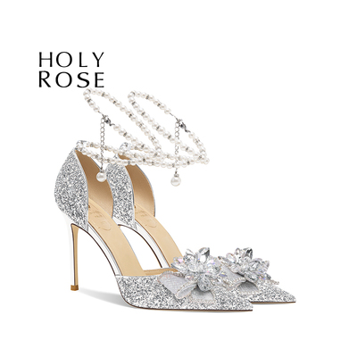 HolyRose法式银色水晶高跟凉鞋