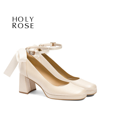 HolyRose【香槟甜心】法式白色玛丽珍鞋粗跟新娘婚鞋洛丽塔高跟鞋