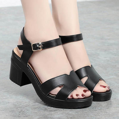 Black thick sole sandals waterproof thick large middle heels