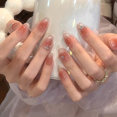 艺人冰透裸色猫眼手工穿戴甲小众通勤腮红2024高级感显白美甲贴片