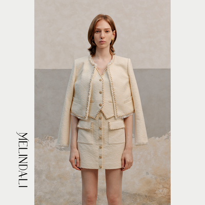 MelindaLi 【月光诗集】秋季新品法式气质小香风短外套马甲套装