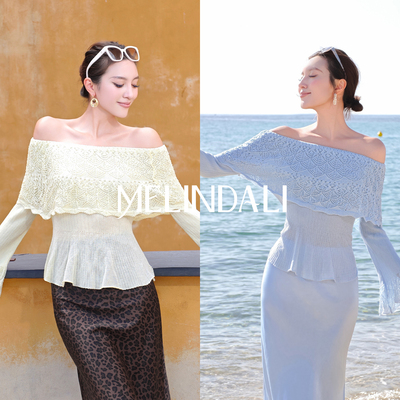 MELINDA LI【芒通美人】浪漫一字肩镂空收腰荷叶下摆喇叭袖上衣
