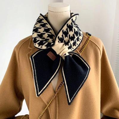 Warm Cashmere Neck Tie Scarf For Women Plaid Neckerchief Kni