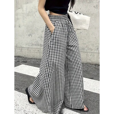 黑色格子休闲阔腿长裤女 Black checkered casual wide-leg pants