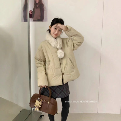 苏珊 韩系毛领羽绒服女小个子白鸭绒宽松版加厚秋冬新款面包服