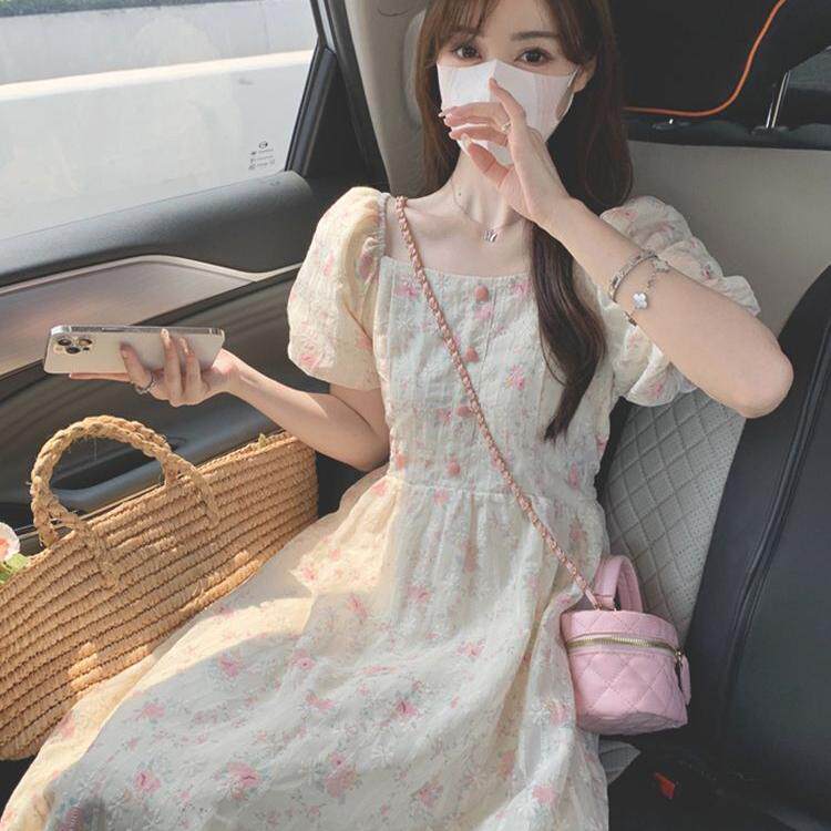 法式方领泡泡袖连衣裙 高腰A型聚酯纤维长裙 甜美元素胖MM显瘦 20