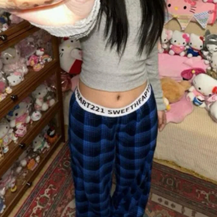 美式复古格纹休闲裤女夏季字母腰带拼接阔腿裤宽松垂感直筒拖地裤