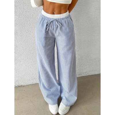 Striped drawstring casual straight leg pants条纹抽绳直筒长裤