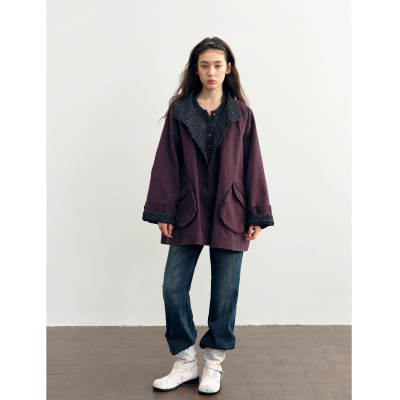 【现货】DKZ 紫色碎花拼接夹棉风衣外套 秋冬复古水洗保暖棉服