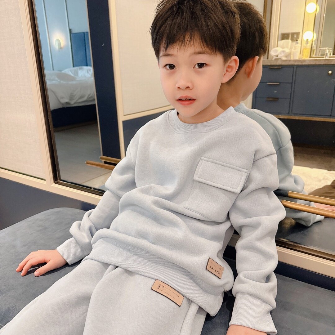 蓝色加绒加厚卫衣卫裤户外休闲运动上衣裤子套装男女童秋冬内搭