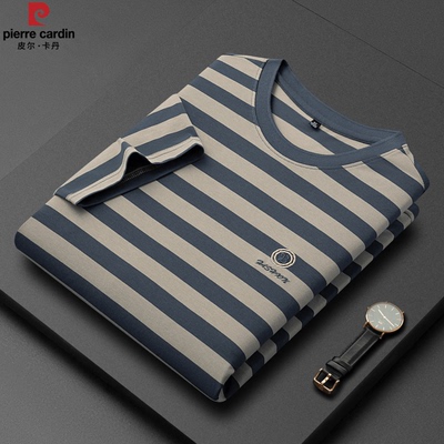 皮尔卡丹男士桑蚕丝条纹短袖T恤2025夏季休闲百搭圆领体恤上衣男