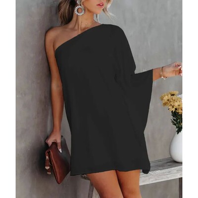 Printed one shoulder casual dress 印花单肩女士休闲气质连衣裙