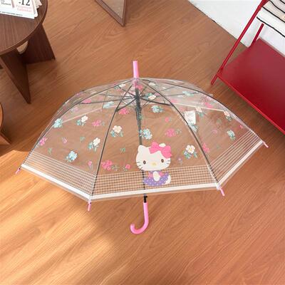 凯蒂猫透明全自动加厚长柄雨伞