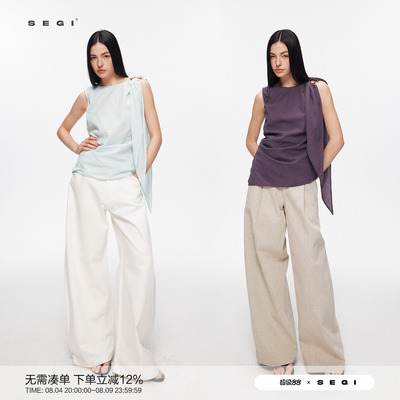 SEGI 天丝亚麻水洗微皱镂空彩石飘带梭织背心上衣女独特设计感