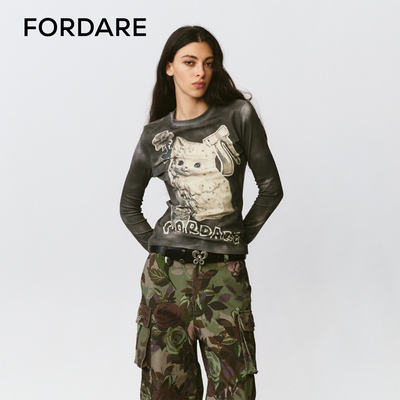 FORDARE/福蝶25秋冬复古碎花陶瓷小猫打底衫