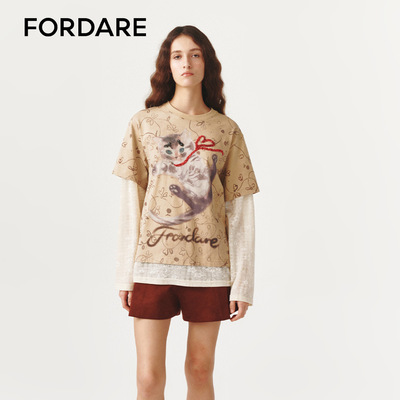 FORDARE/福蝶26早春手绘感复古墙纸花小猫假两件T恤