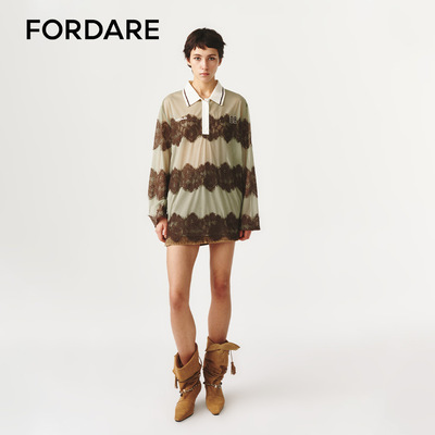 FORDARE/福蝶26春夏蕾丝条纹薄透poloT恤