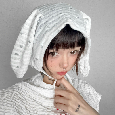 ola原创星星烫银白色蕾丝花边兔耳朵lolita软萌帽子jk少女包头帽